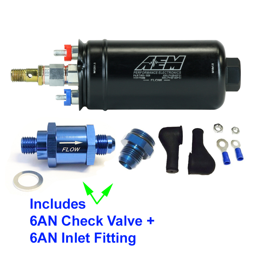GENUINE AEM Metric 400LPH Inline Fuel Pump + 6AN Inlet Fitting / 6AN ...